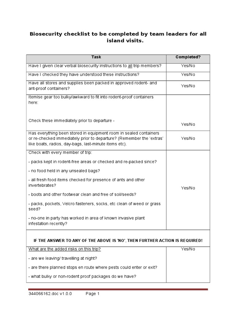 Biosecurity Prevention Trip Checklist TEMPLATE | PDF | Conservation | Nature