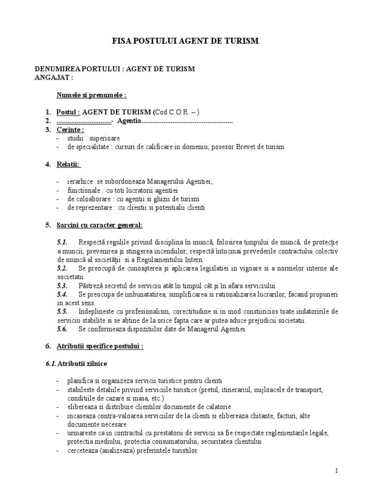 Fisa Postului Agent de Turism | PDF