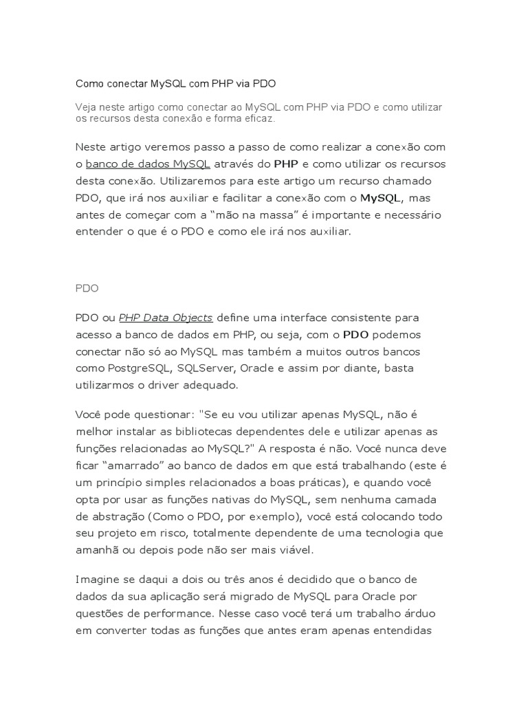 Como Conectar Mysql Com Php Via Pdo Pdf Php Engenharia Da Computação