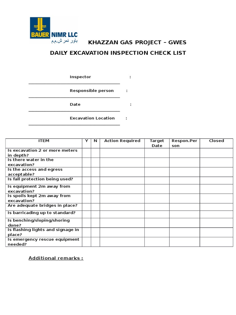 Daily Excavation Inspection Checklist | PDF