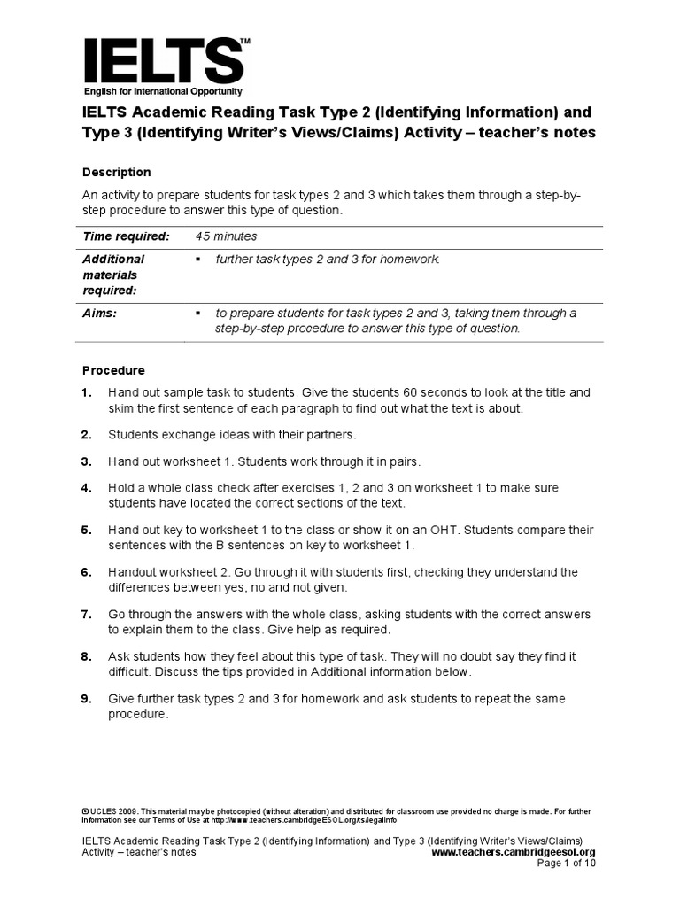 Ielts Academic Reading Task Type 2 Identifying Information and Task ...