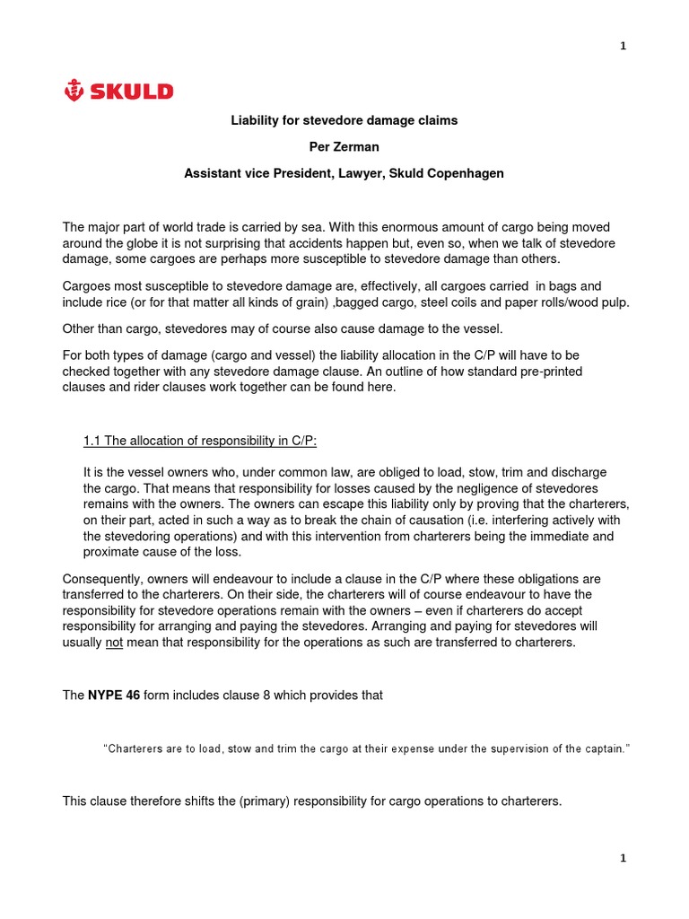 Skuld-Liability For Stevedore Damage Claims | PDF | Stevedore | Indemnity