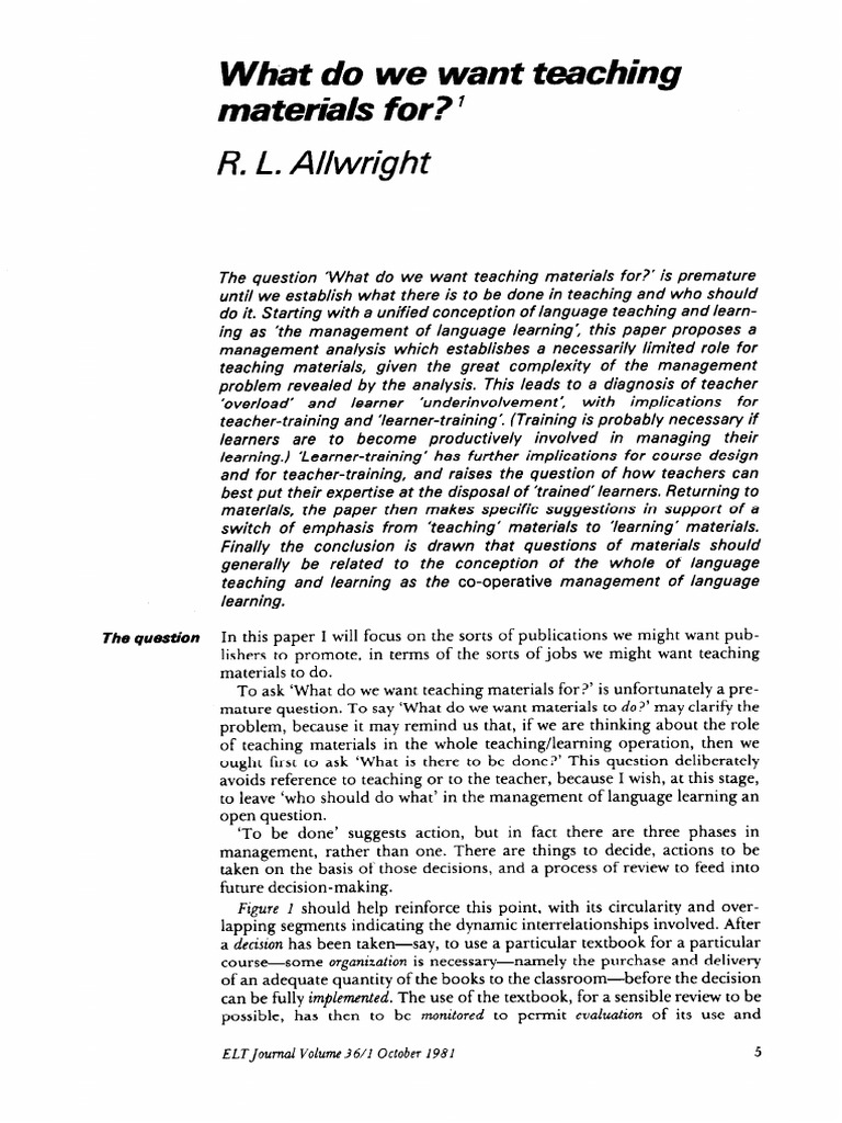 What Do We Want Teaching Materials For Allwright | PDF | English As A Second Or Foreign Language ...