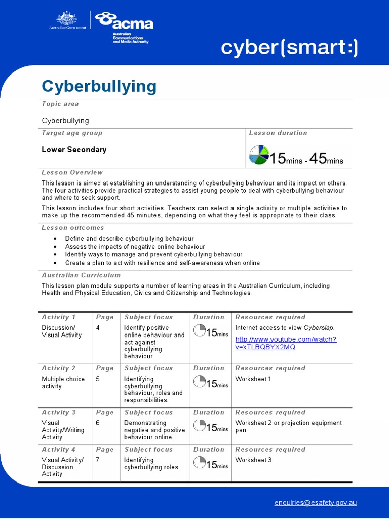 Lesson Plan Doc Lower Secondary Cyberbullying | PDF | Cyberbullying ...