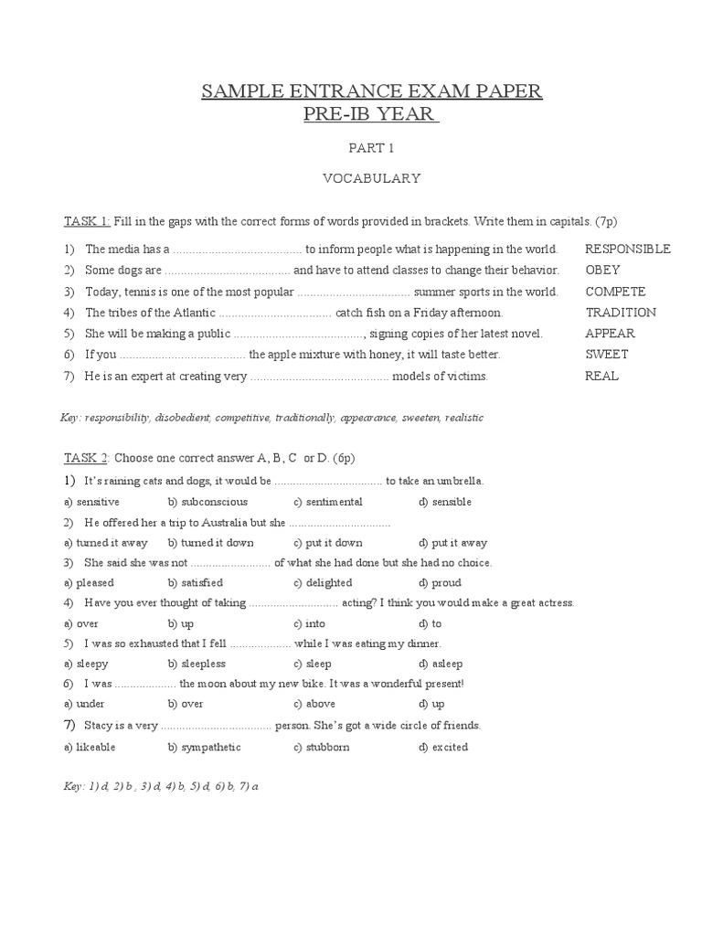 Sample Entrance Exam Paper Pre-Ib Year: Vocabulary | PDF
