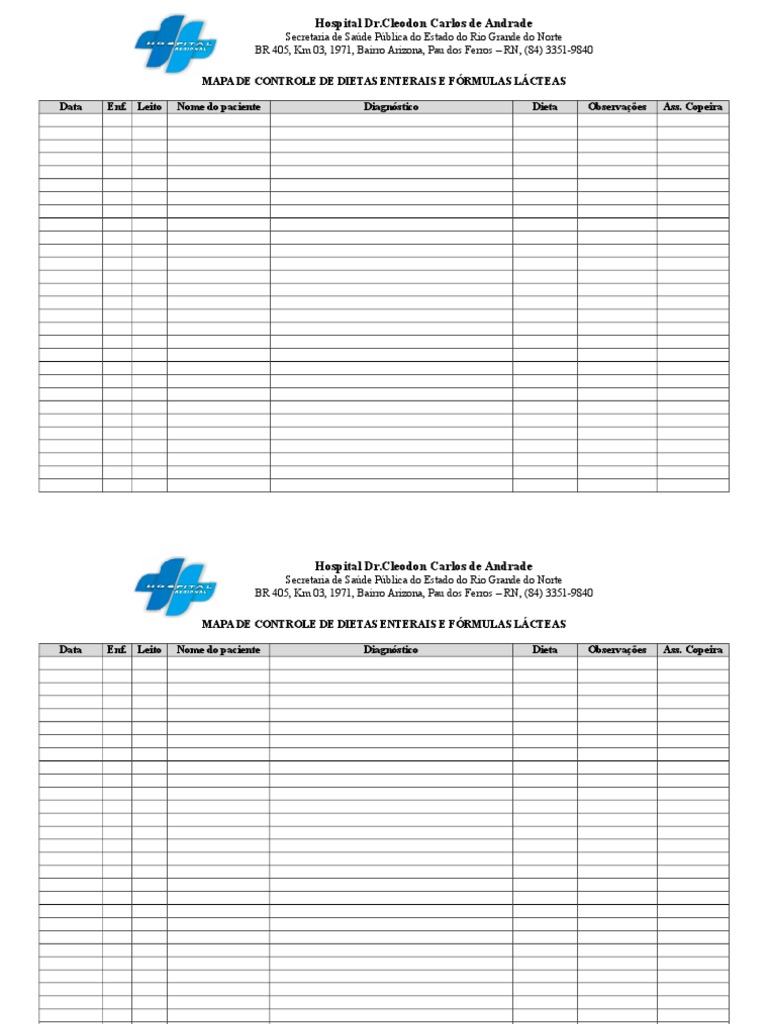 Mapa de Controle de Dietas Enterais e Fórmulas Lácteas