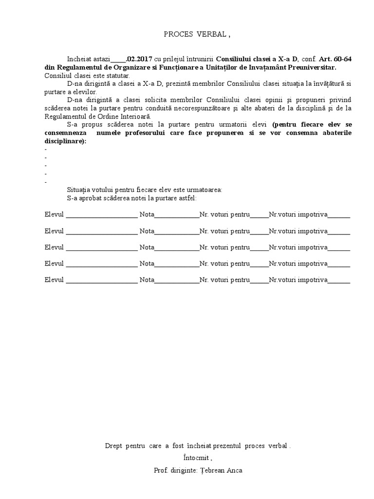 Proces Verbal Sedinta Note La Purtare