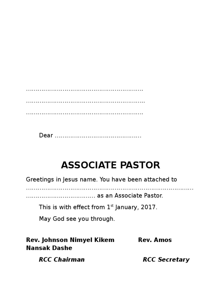Appointment Letter for Associate Pastor Position at the Church of ...