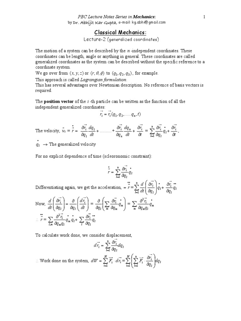 Generalized Coordinates in Mechanics | PDF | Theoretical Physics ...