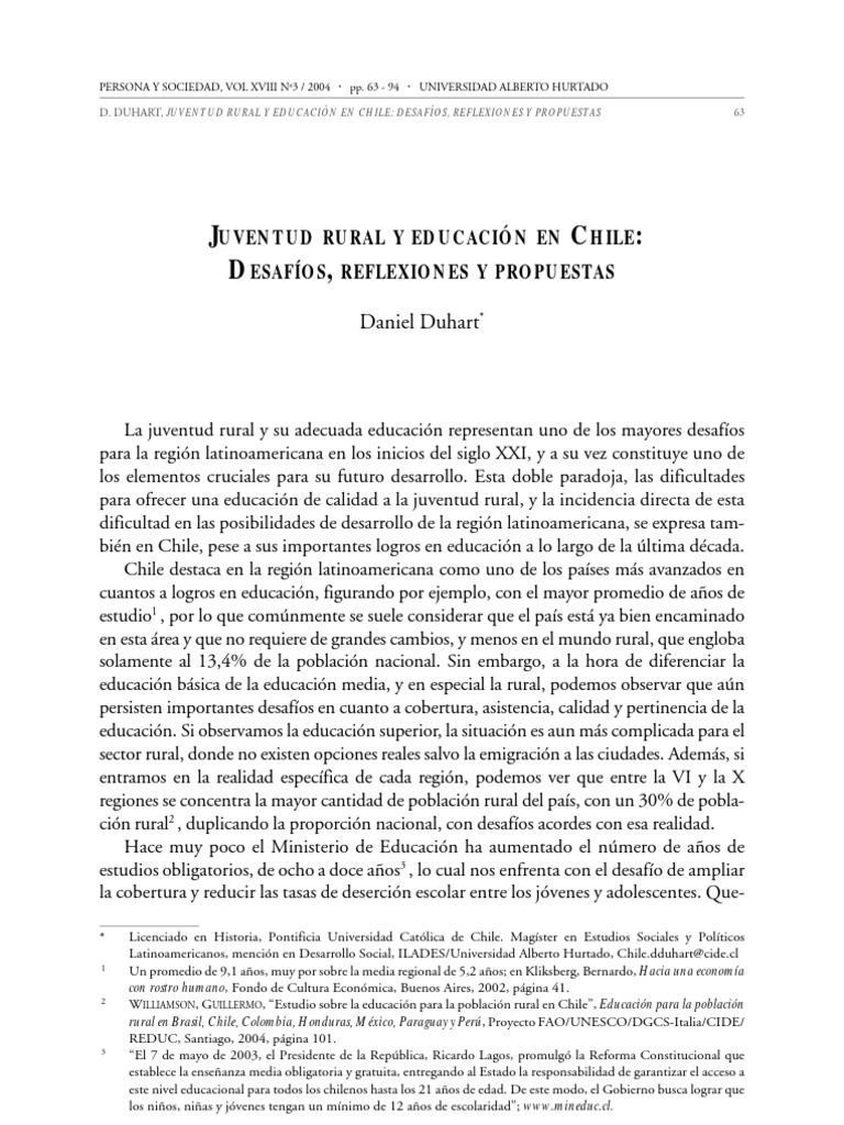 Daniel Duhart, "Juventud Rural y Educación en Chile" (Revista Persona y ...