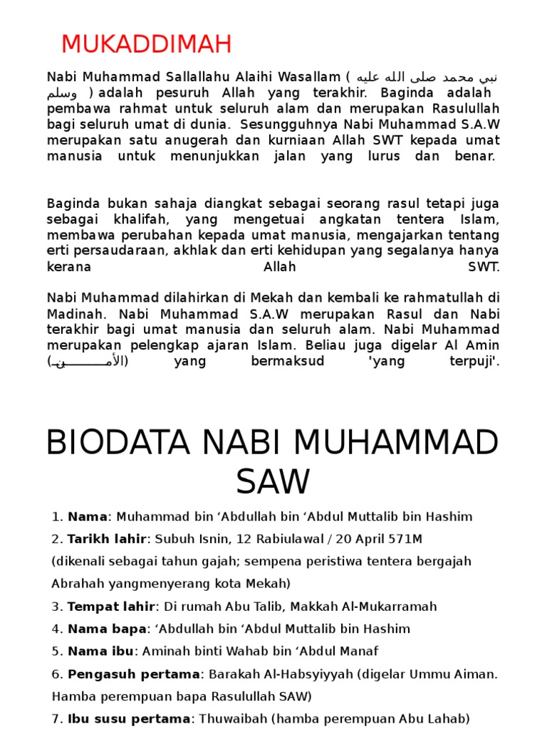 Biodata Dan Sejarah Ringkas Nabi Muhammad Saw | PDF