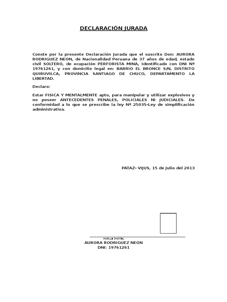 Declaración Jurada para Explosivos Discamec | PDF | Perú | Documentos ...