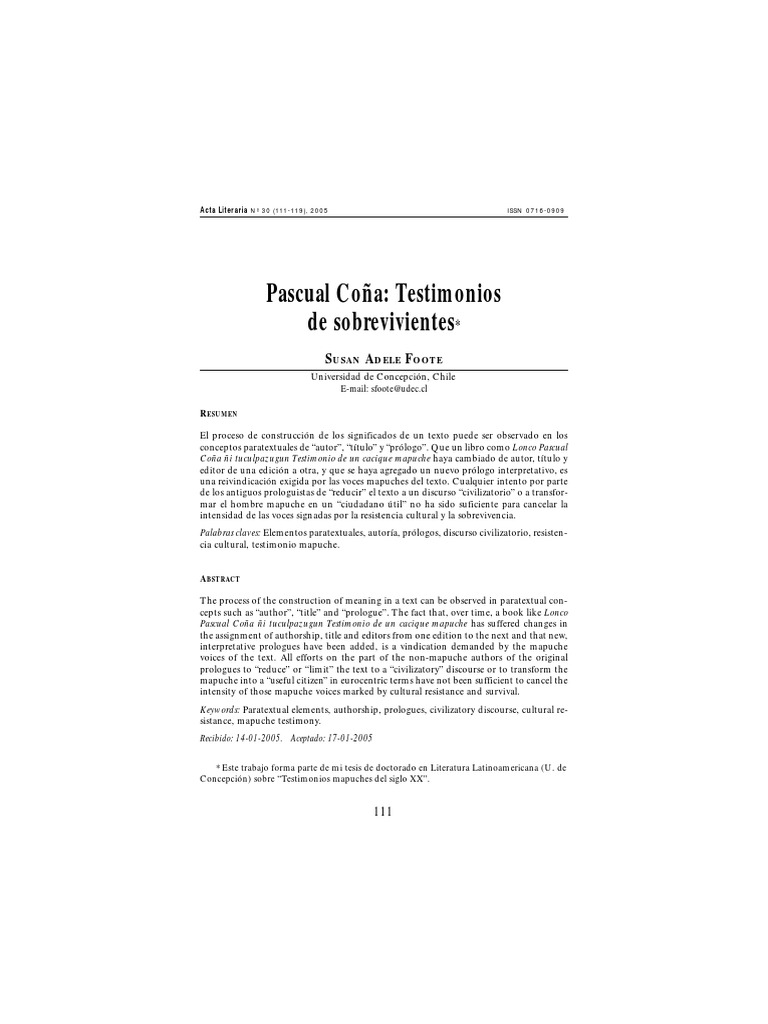 Susan Foote. Testimonio de Coña | PDF | Chile | Lectura (proceso)