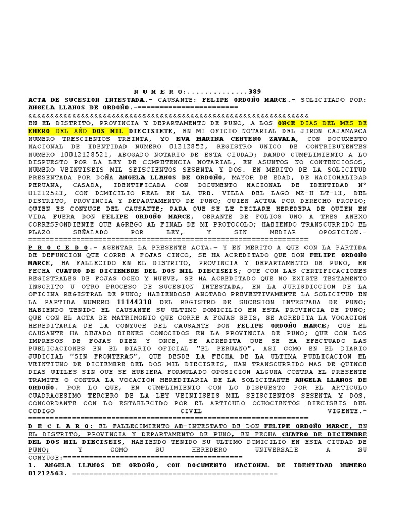 Modelo de acta de sucesion intestada via notarial | Ley común | Derecho ...