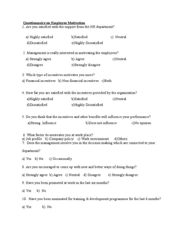 Questionnaire on employee motivation | Motivation | Self-Improvement