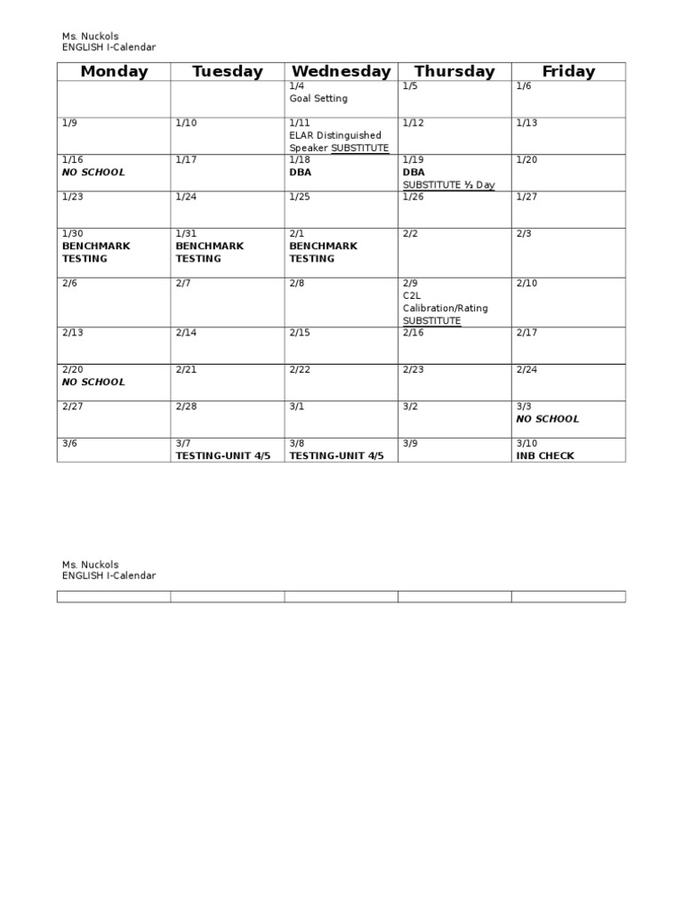 English I Class Schedule | PDF