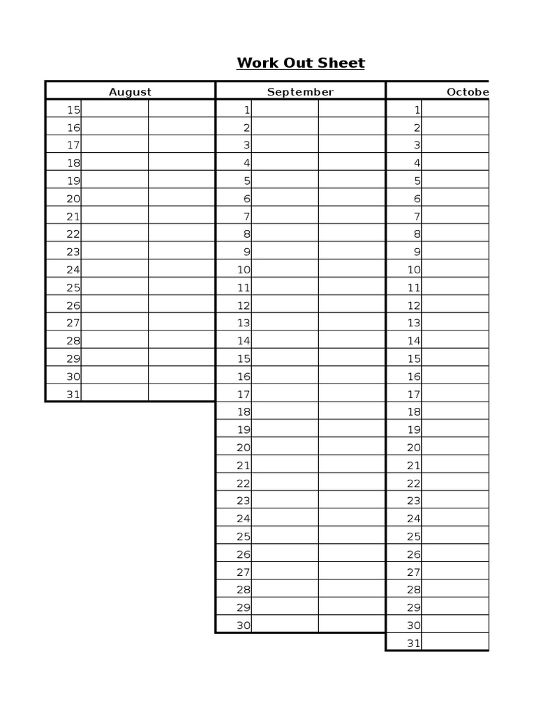 Work Out Sheet: August September October | PDF