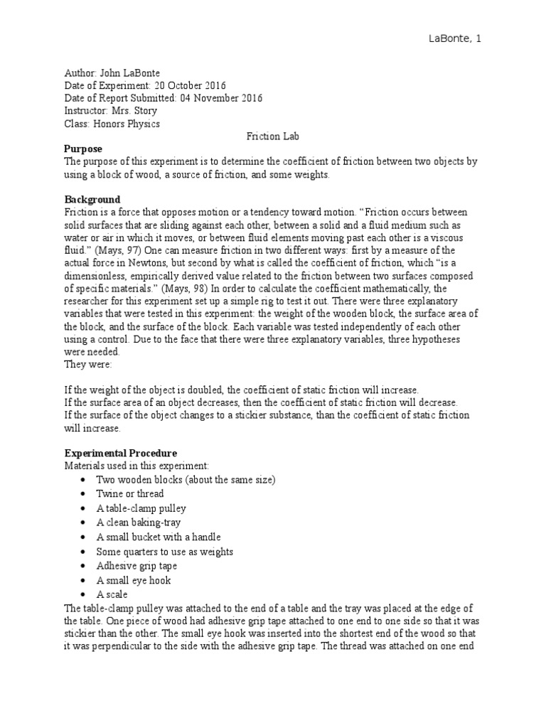Physics Friction Lab | PDF | Friction | Experiment
