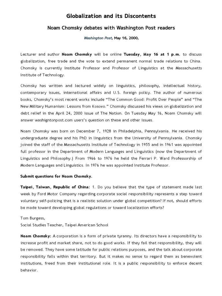 Globalization and Its Discontents | PDF | Noam Chomsky | Globalization