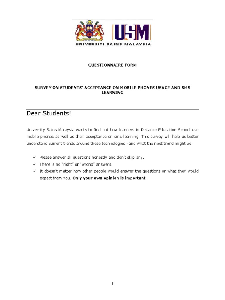 TAM Questionnaire On SMS Learning | PDF | Mobile Phones | Video Games