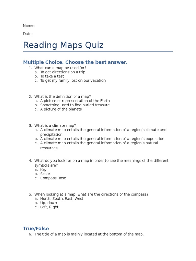 Reading Maps Quiz: Multiple Choice. Choose The Best Answer | PDF