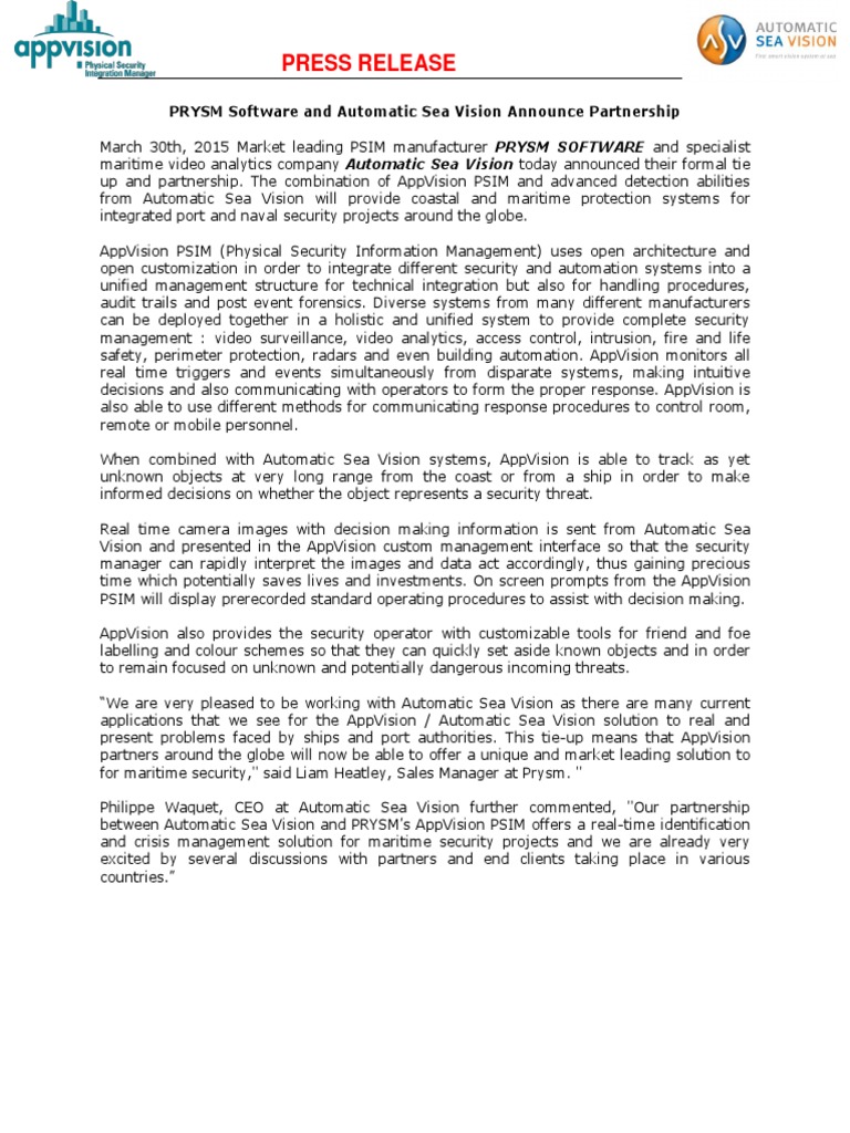 PRYSM Software and Automatic Sea Vision Announces Partnership | PDF ...