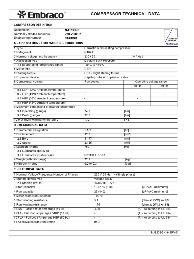 Sprezarka Embraco Aspera NJ9238GK Karta-Produktu PDF | PDF | Air ...
