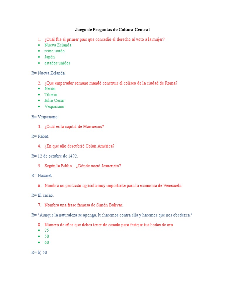 Juego de Preguntas de Cultura General | PDF