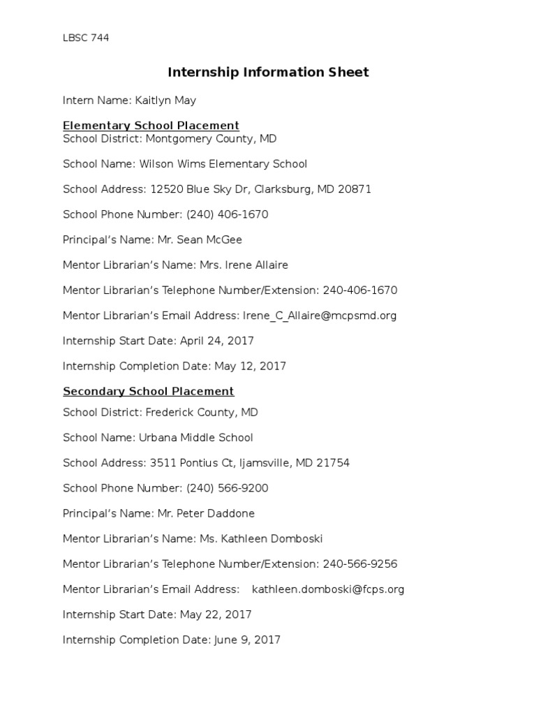 Internship Information Sheet | PDF | Sports & Recreation | Wellness