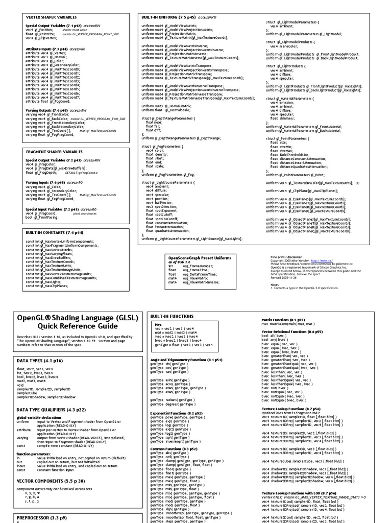 OpenGL Shading Language (GLSL) Quick Reference Guide | PDF | 3 D ...