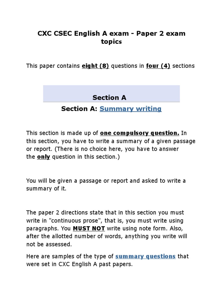 CXC CSEC English A Exam - Paper 2 Exam Topic: Summary Writing | PDF