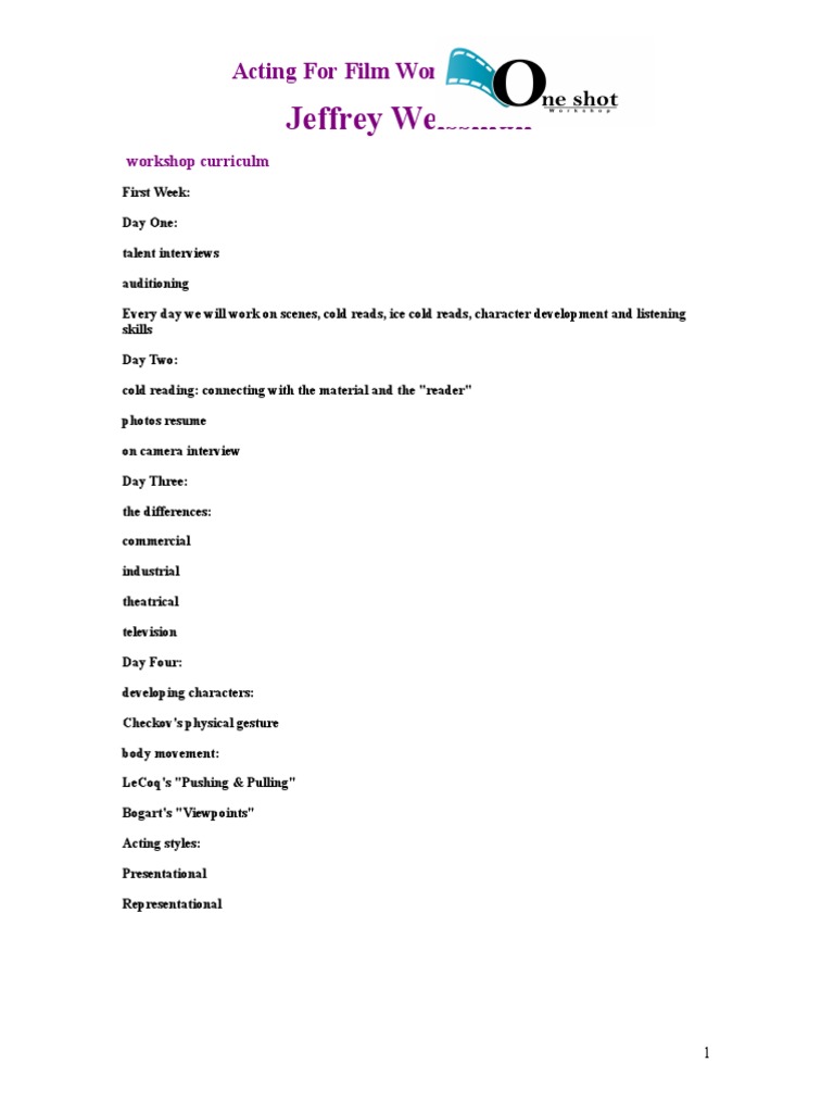 Acting for Film Workshop Curriculum | PDF | Language Arts & Discipline