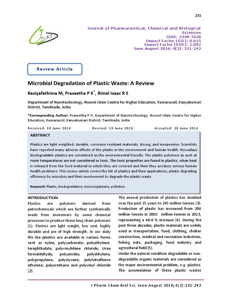 Microbial Degradation of Plastic Waste: A Review | PDF | Thermoplastic ...