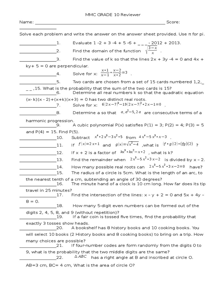 MMC Grade 10 Reviewer Quadratic Equation Polynomial