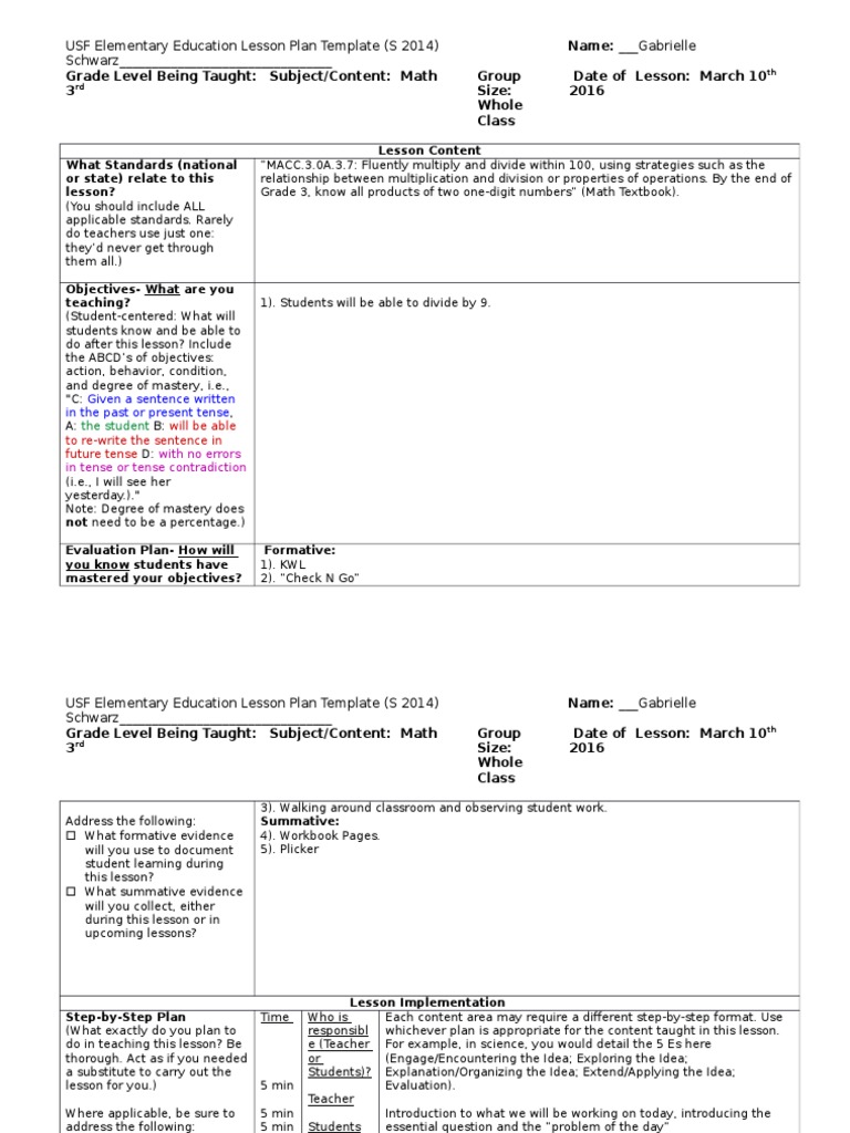 USF Elementary Education Lesson Plan Template (S 2014) Schwarz | PDF ...