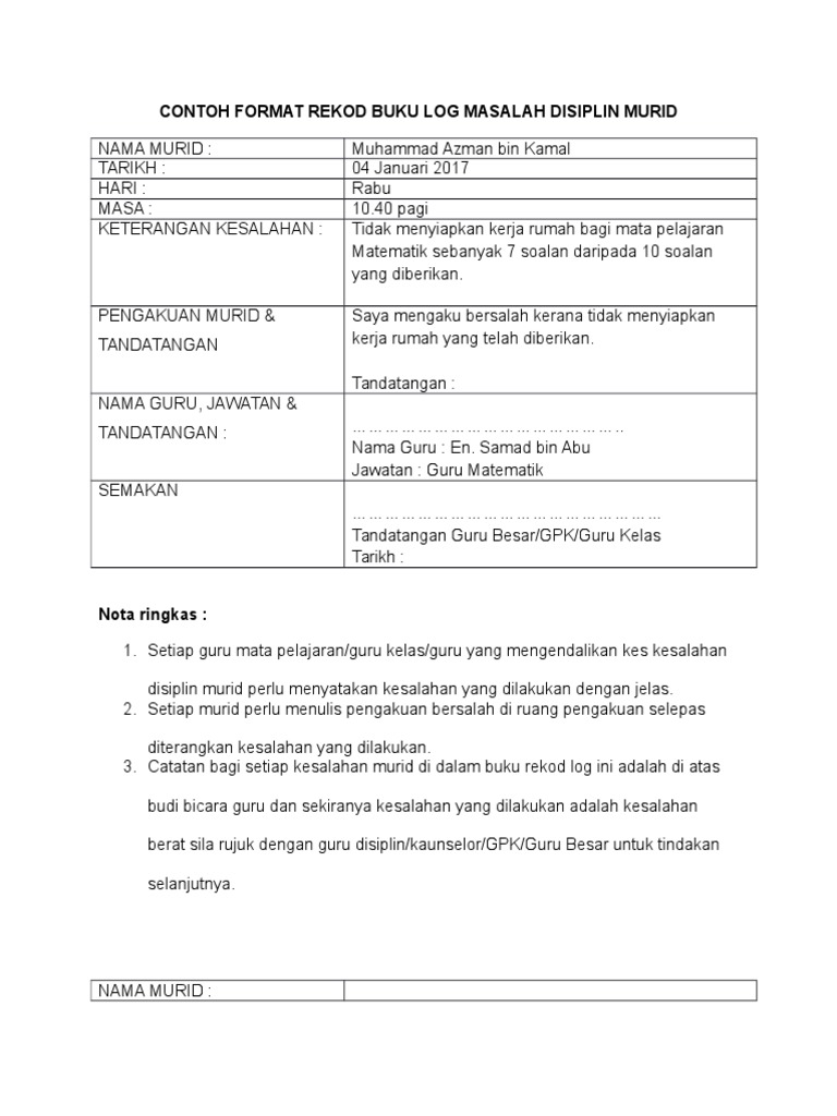 Contoh Format Rekod Buku Log Masalah Disiplin Murid | PDF