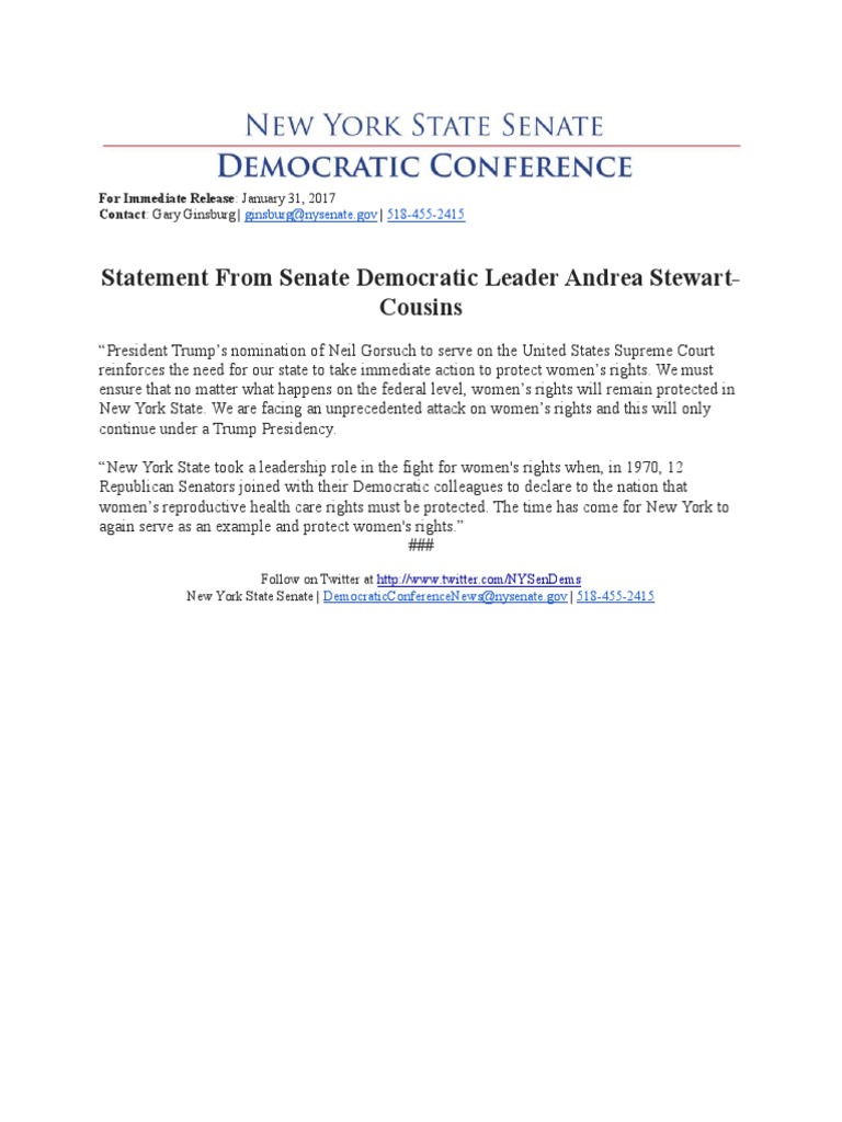 Statement From Senate Democratic Leader Andrea Stewart- Cousins