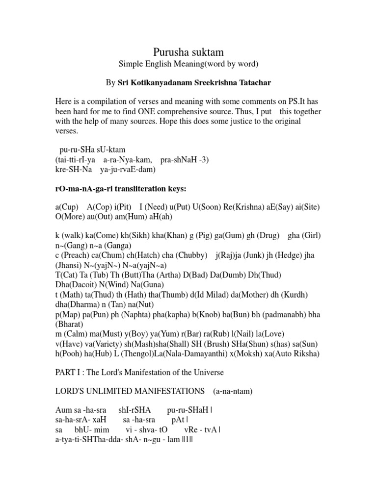 Purusha Suktam: English Meaning Guide | PDF | Creator Deity | Brahman