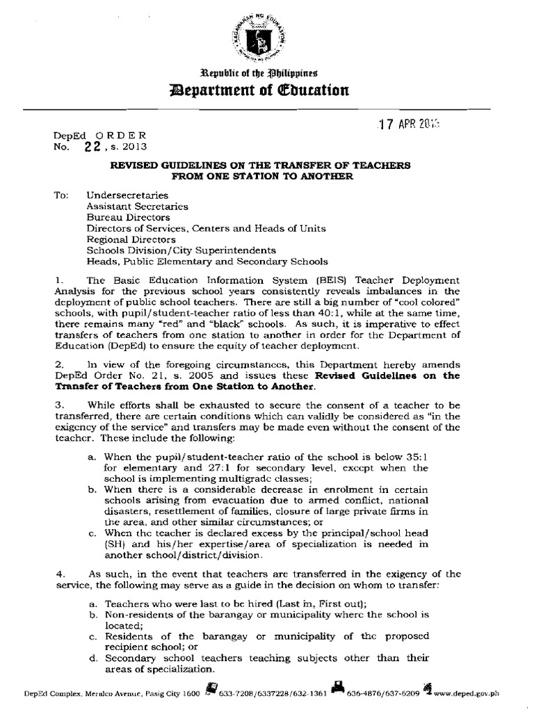 DepED Order No. 22, s. 2013 Revised Guidelines in the Transfer of ...
