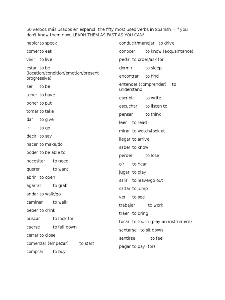 50 Verbos Más Usados en Español | PDF
