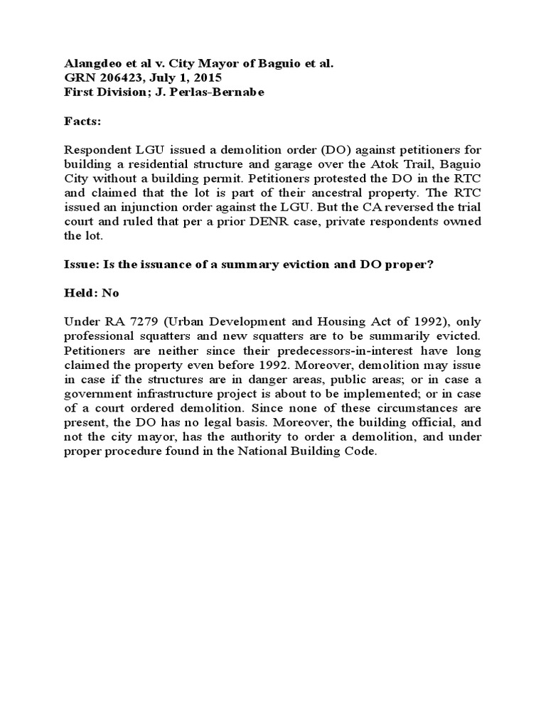 Baguio City Demolition Order Case Summary | PDF