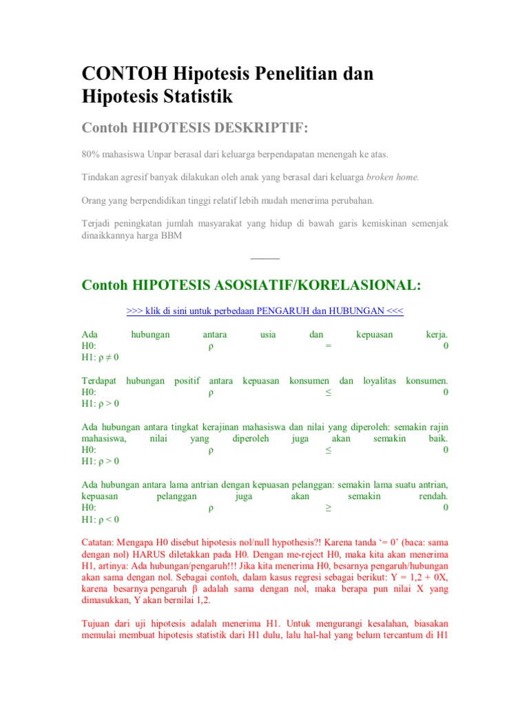 CONTOH Hipotesis Penelitian Dan Hipotesis Statistik | PDF