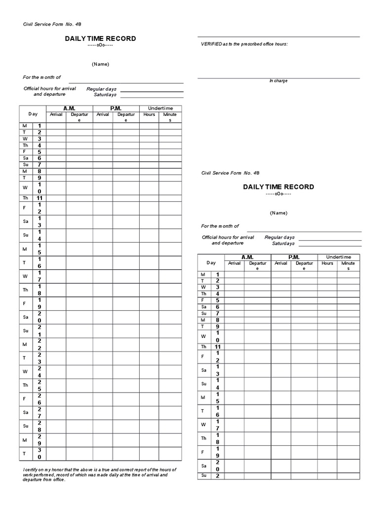 Civil Service Daily Time Record Form | PDF
