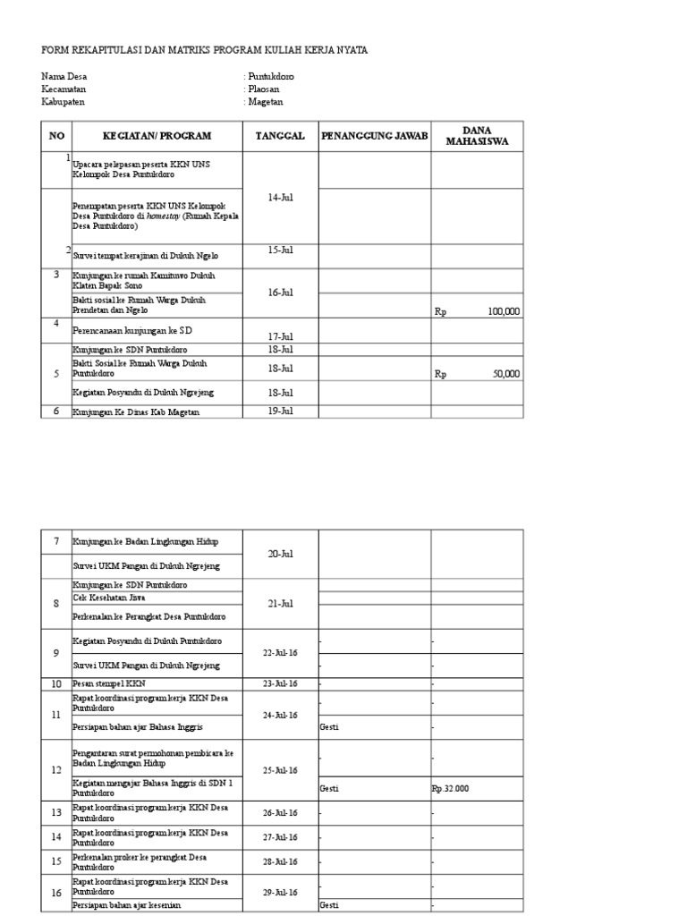 Form Matriks Rekapitulasi KKN Fix | PDF