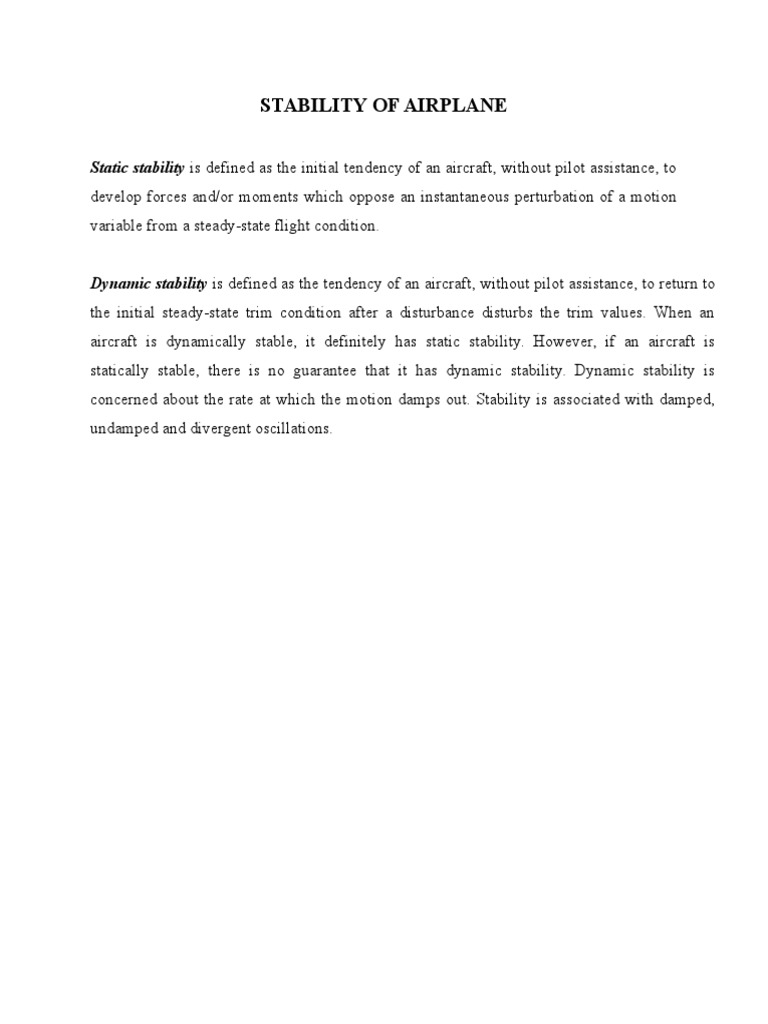 Stability of Airplane: Static Stability Is Defined As The Initial ...