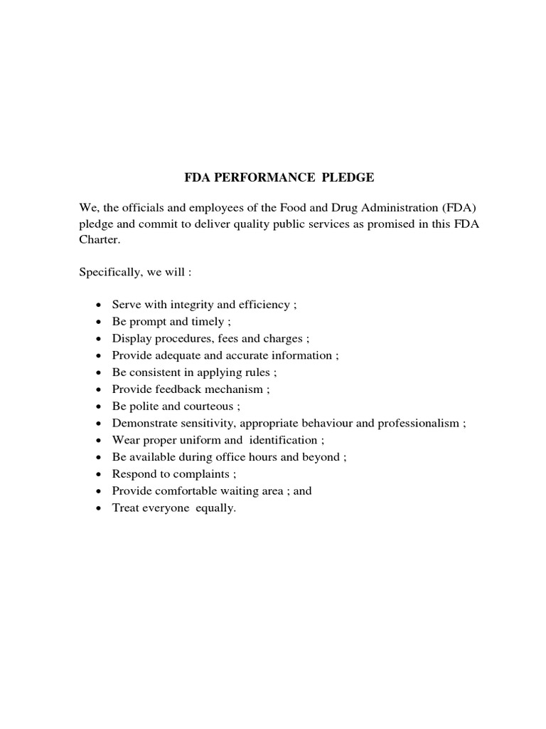 FDA Performance Pledge and Quality Policy | PDF