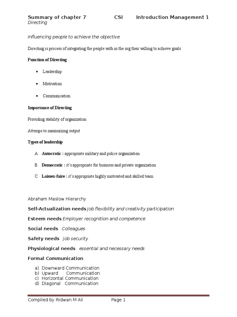 Summary of Chapter 7 CSI Introduction Management 1: Directing ...