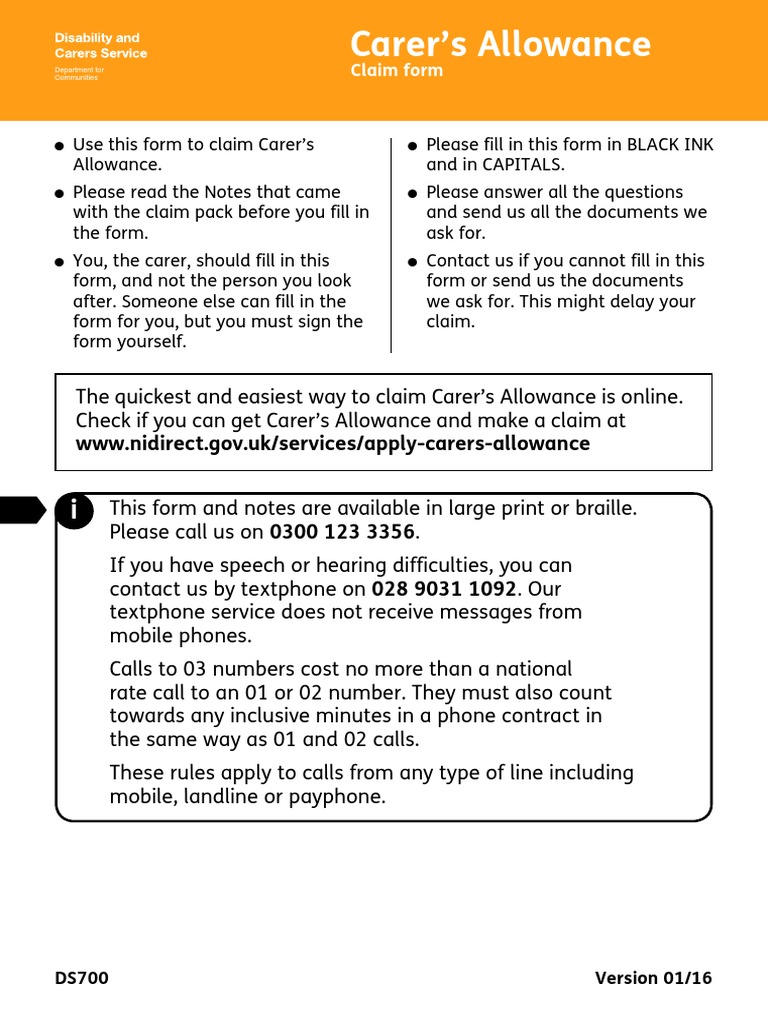 Carer’s Allowance Claim Form DS700 | PDF | Caregiver | Government