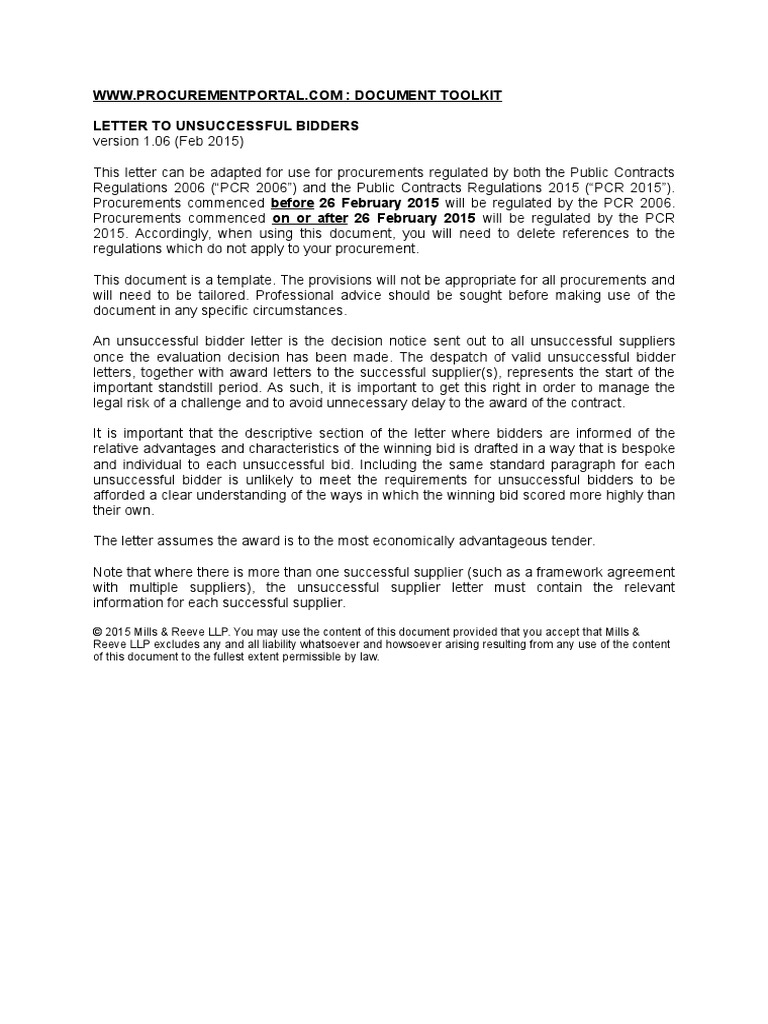 Unsuccessful Bidder Letter | PDF | Procurement | Social Institutions