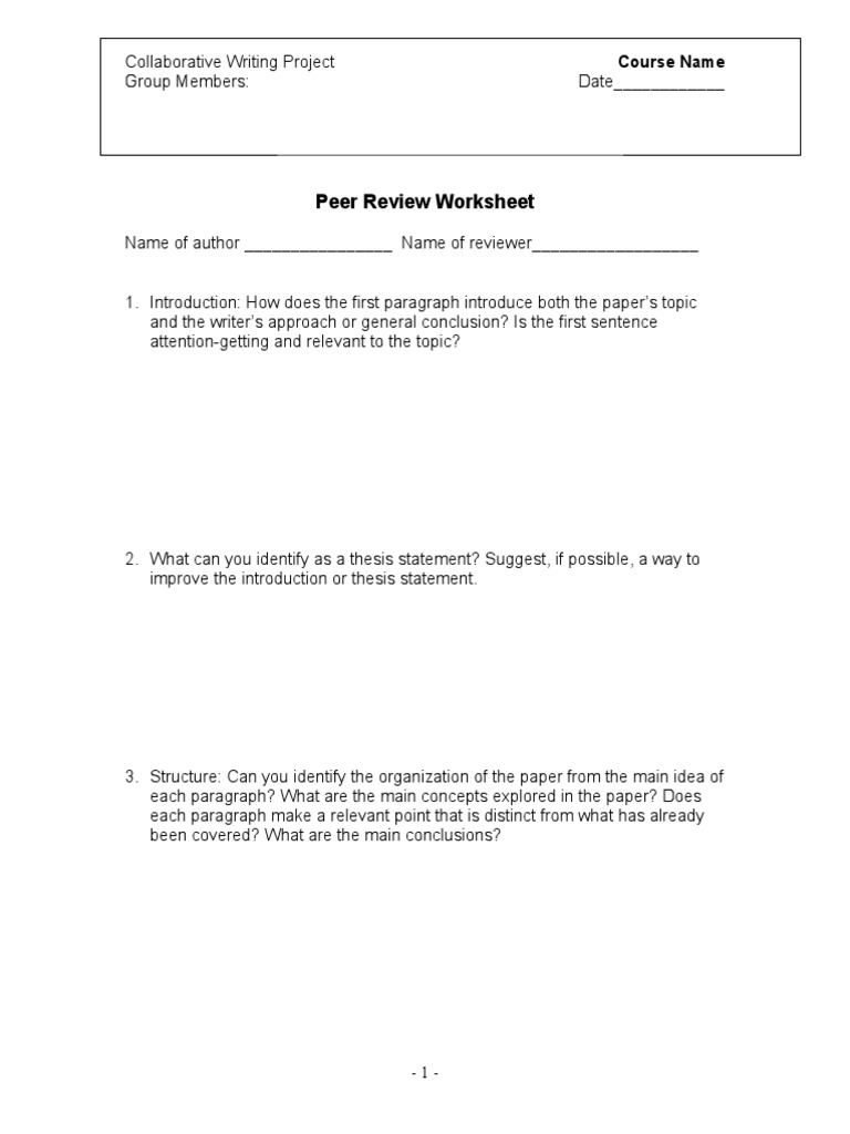 Peer Review Worksheet: Course Name | PDF